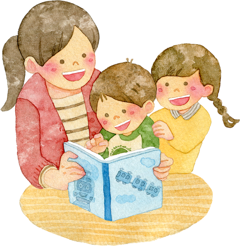 絵本を読む親子 3人 の水彩イラスト 水彩の挿し絵屋さん